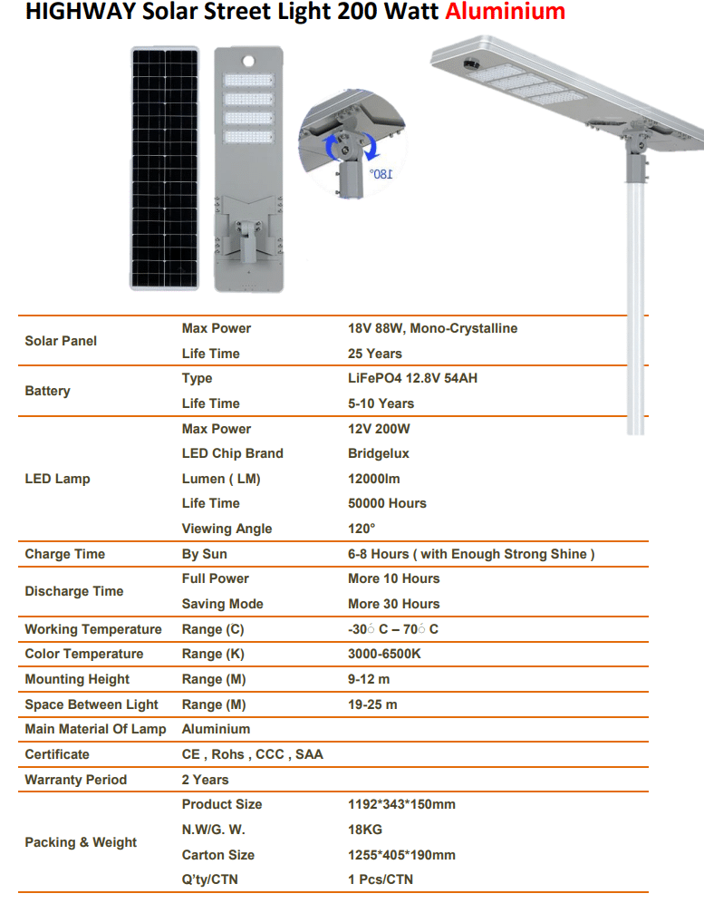 Solar Street Light 200 Watt Aluminium - ماستر كير - Master Care
